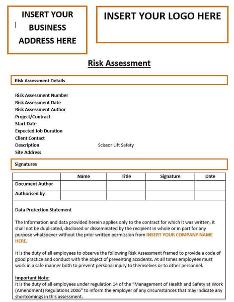 Scissor Lift Safety Risk Assessment Template – SoftWash UK Ltd